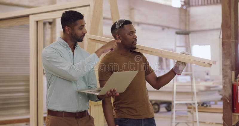Teamwork, Carpenters and Laptop in Workshop for Construction, Building ...