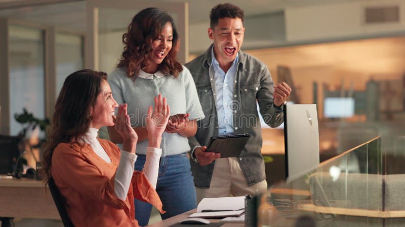 Teamwork, Celebration and Success in Office, Computer and Victory of ...