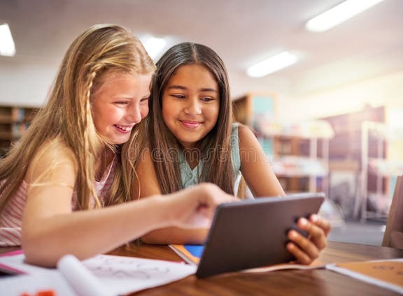 Teamwork, Children and Smile with Tablet for Education, Elearning and ...