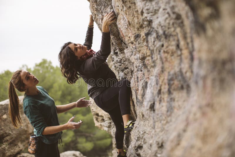 Teamwork of Climbers. Two Women Climbers. Stock Photo - Image of ...