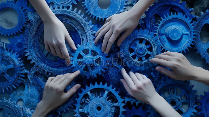 Teamwork Collaboration Gears Hands Mechanism Industry Blue Technology ...