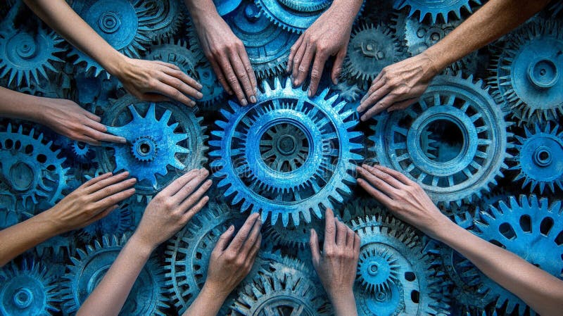 Teamwork Collaboration Hands on Blue Gears Interlocking Mechanisms ...