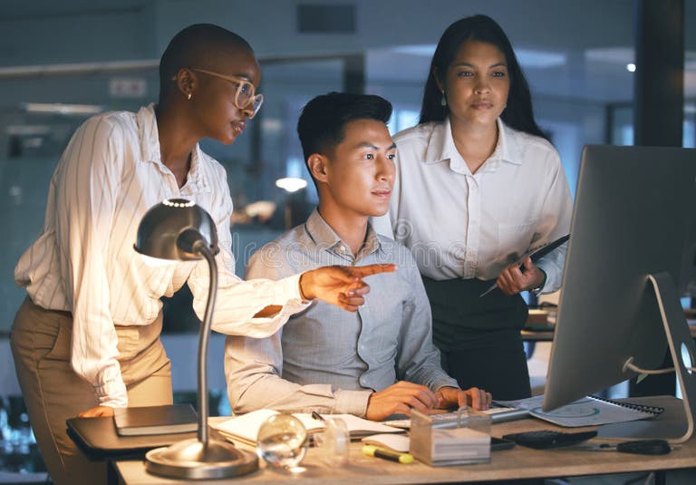 Teamwork, Computer and Business People Planning at Night, Discussion or ...