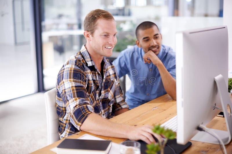 Teamwork, Computer and Businessmen in Office at Desk for Support ...