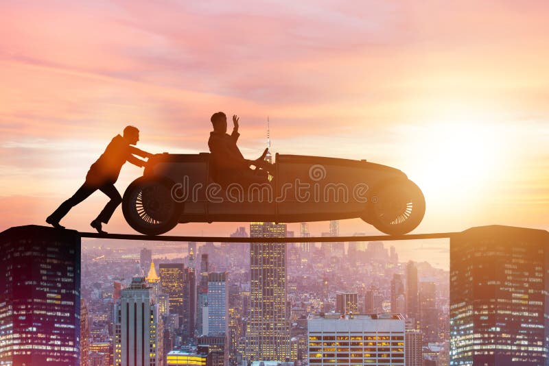 The Teamwork Concept with Businessman Pushing Car Stock Photo - Image ...