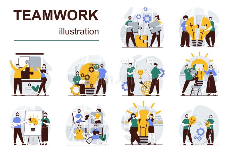 Teamwork Concept with Character Situations Mega Set. Vector ...