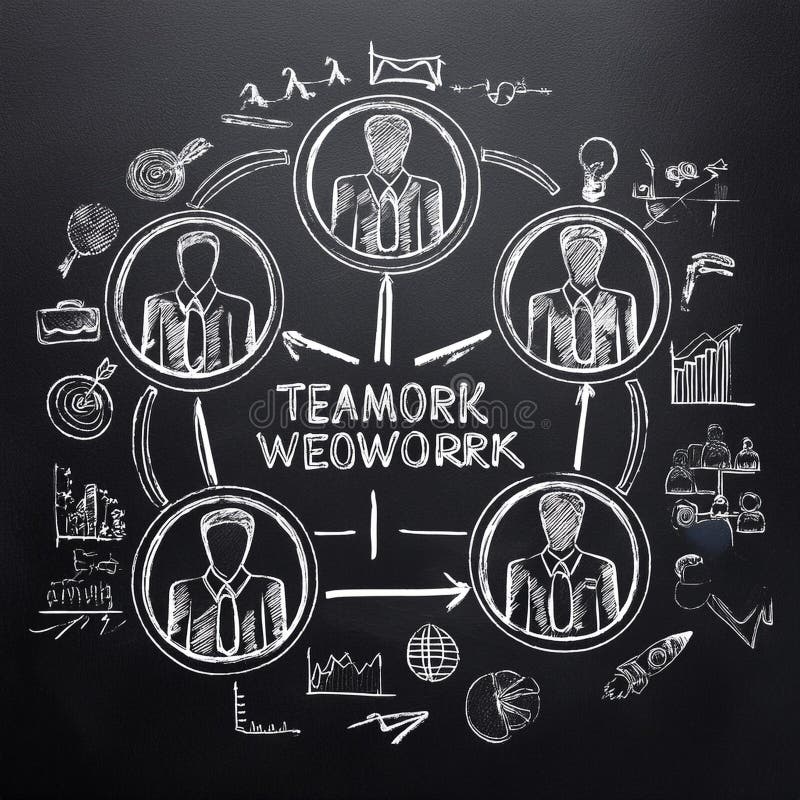 Teamwork Concept Chart with Business Elements Hand Drawn on Blackboard ...