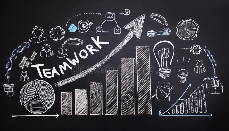 Teamwork Concept Chart with Business Elements Hand Drawn on Blackboard ...