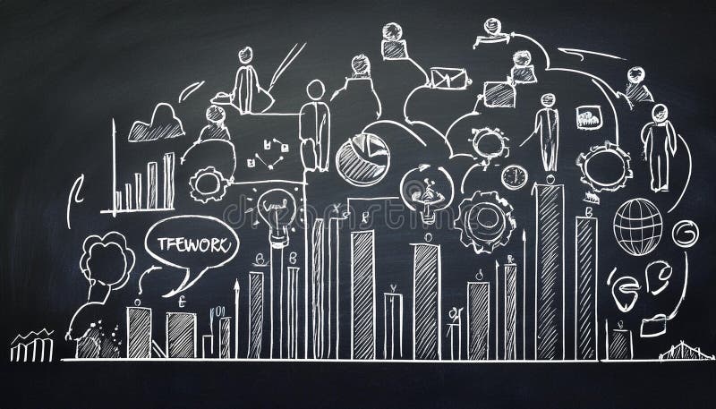 Teamwork Concept Chart with Business Elements Hand Drawn on Blackboard ...