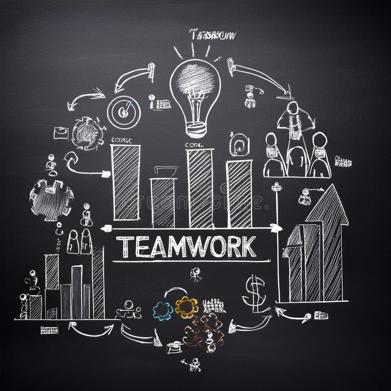 Teamwork Concept Chart with Business Elements Hand Drawn on Blackboard ...