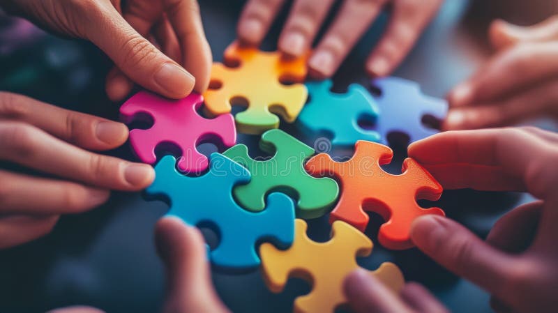 Teamwork Concept with Colorful Puzzle Pieces Joined by Hands Stock ...
