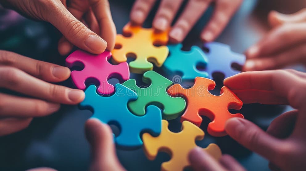 Teamwork Concept with Colorful Puzzle Pieces Joined by Hands Stock Image - Image of puzzle ...