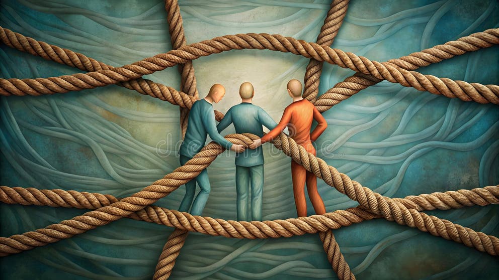 Teamwork Concept with 3d Rendering of Three Men Shaking Hands and Ropes ...