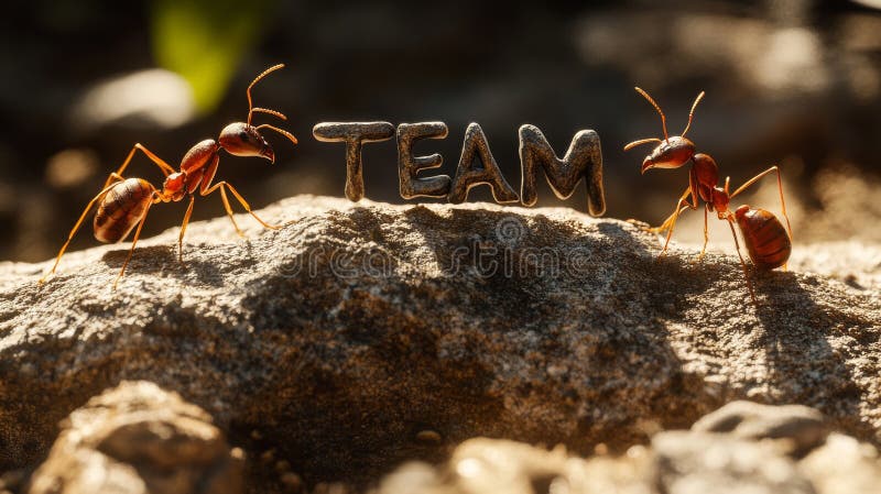 Teamwork Concept Featuring Two Ants Holding Team Sign on Rocky Surface ...
