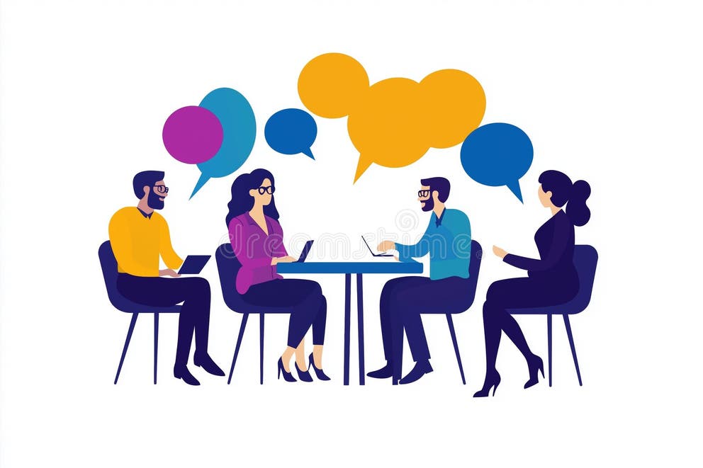 Teamwork Concept Illustrated by Group of People Around Table with Speech Bubbles Stock ...