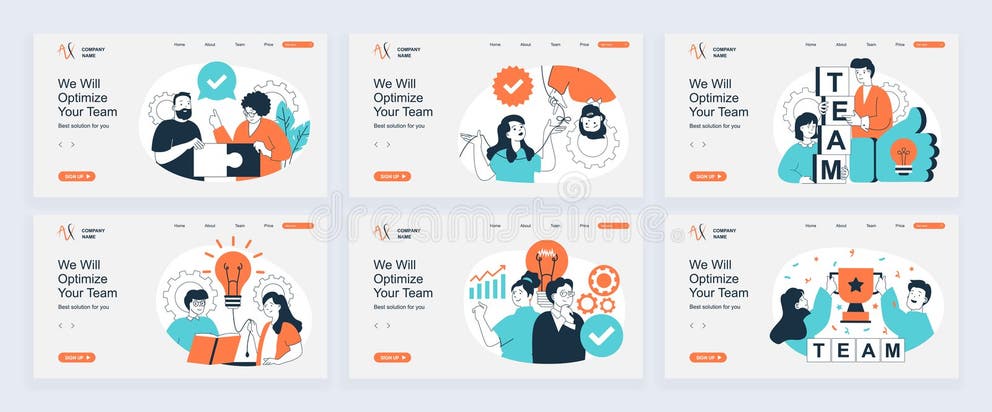 Teamwork Concept of Landing Page with Slide Templates Set in Flat ...