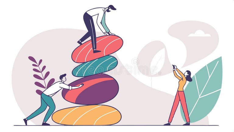 Teamwork Concept: People Building a Stone Stack Vector Design ...