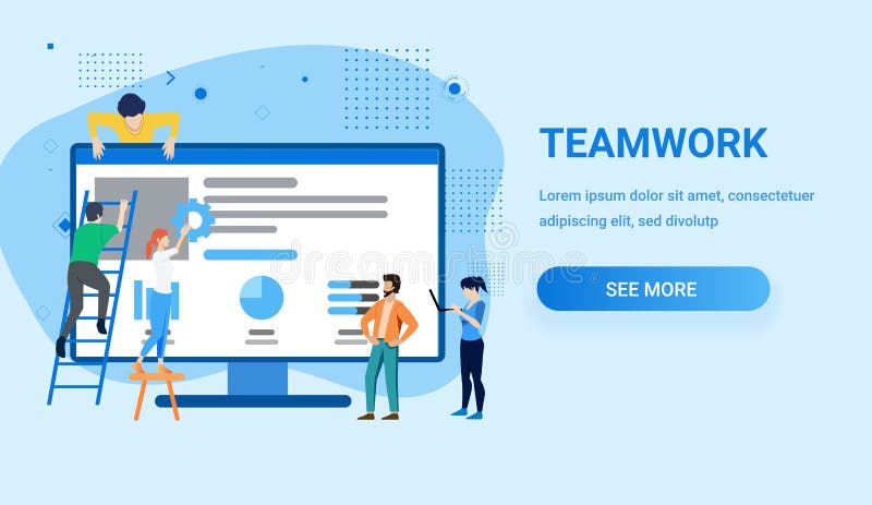 Teamwork Concept. People Decorating Giant Computer Display Stock Vector ...