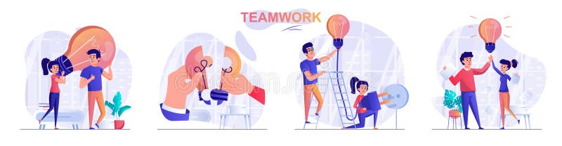 Teamwork Concept Scenes Set. Colleagues Brainstorming, Create Ideas ...