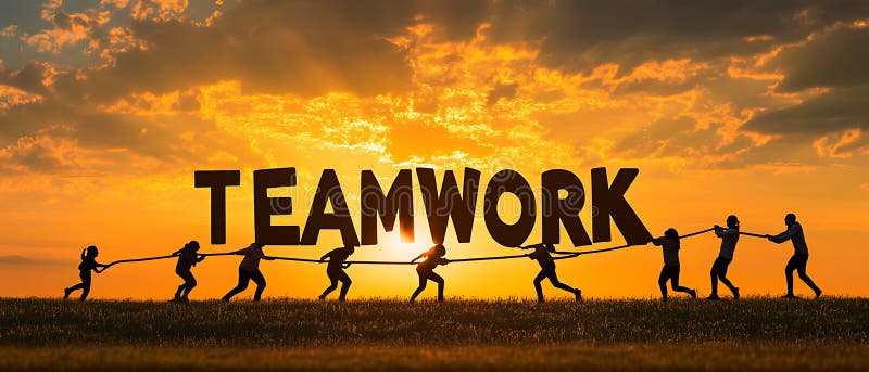 Teamwork Concept with Silhouette Figures Pulling Word TEAMWORK at ...