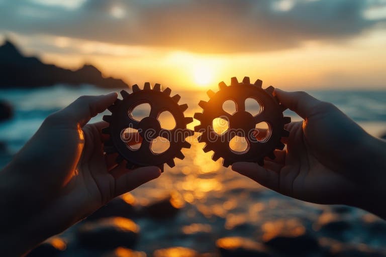 Teamwork Concept Two Hands Holding Interlocking Gears at Sunset Stock ...