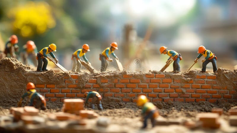 Teamwork Construction Site Miniature Construction Workers Building Brick Wall on Sunny Day Stock ...