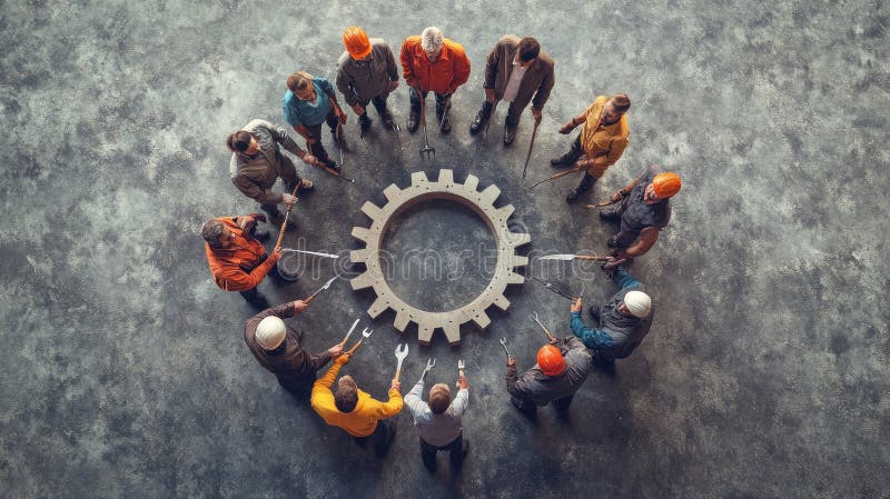 Teamwork, Construction Workers in a Circle Around a Gear Stock ...
