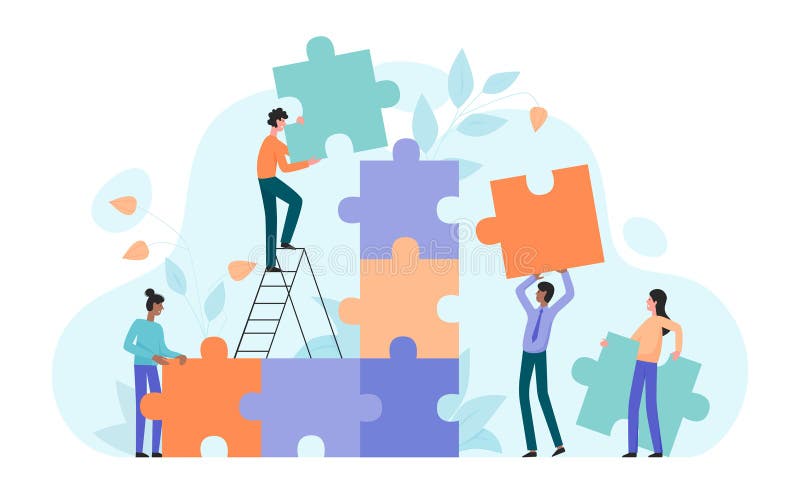 Teamwork Cooperation To Connect Puzzle Solution, Tiny People Holding ...