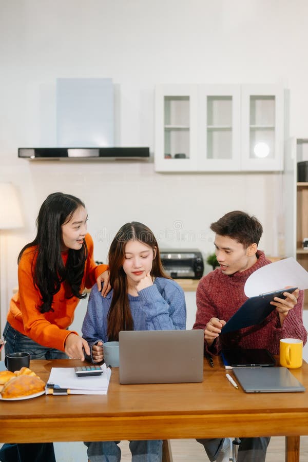 Teamwork and Creativity with Sitting Working at Kitchen Table Young ...