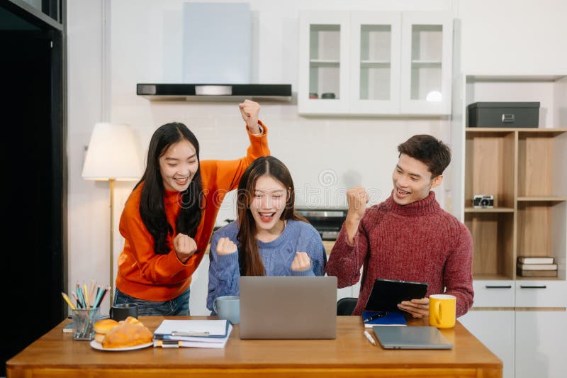 Teamwork and Creativity with Sitting Working at Kitchen Table Young ...