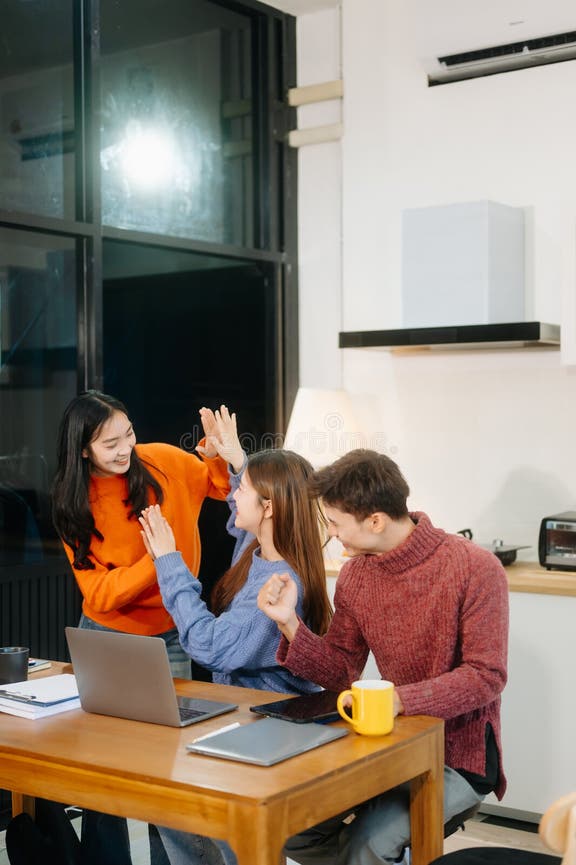 Teamwork and Creativity with Sitting Working at Kitchen Table Young ...