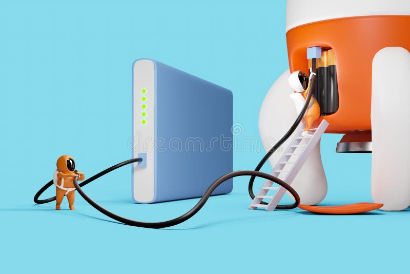 Teamwork of 3D Space People while Recharging Their Rocket. Stock ...