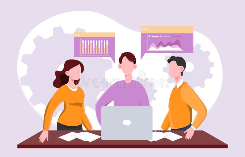 Teamwork with Data Charts and Laptop. Vector Illustration Stock ...
