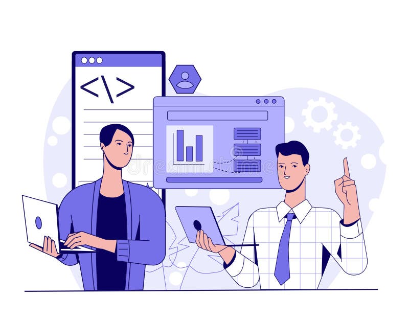 Teamwork on Data and Coding Project. Vector Illustration Stock Vector - Illustration of ...