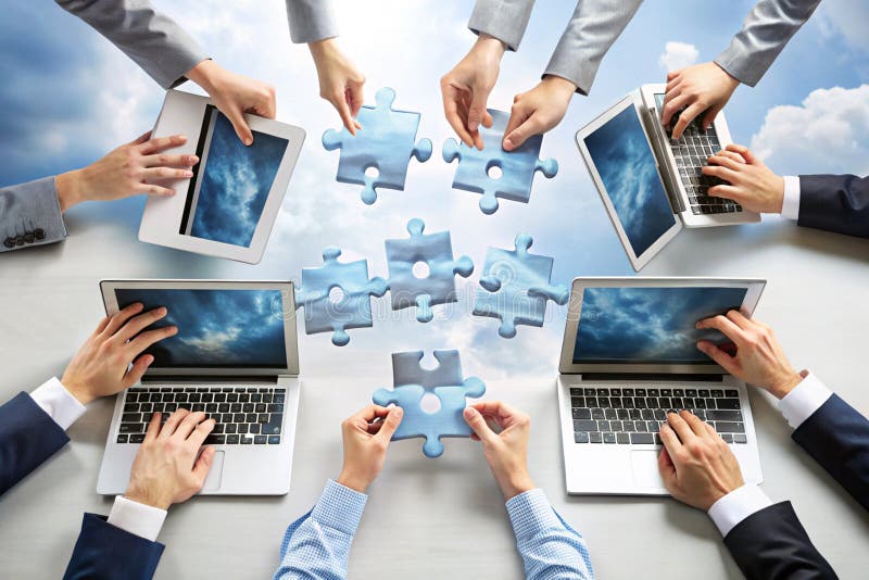 Teamwork in it Department Connecting Laptop Puzzles Stock Illustration ...