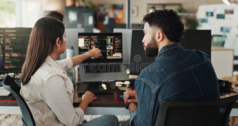 Teamwork Developer And Coding Training On Computer Screen In Office For Testing Web Application