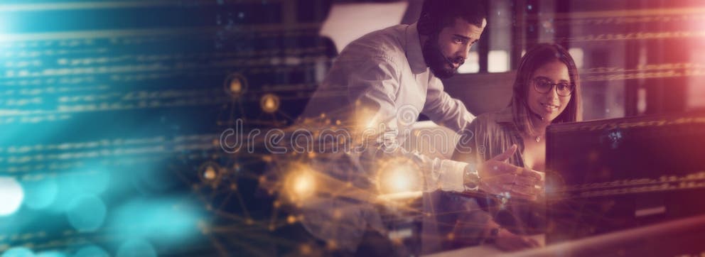 Teamwork, Digital Hologram and Business People on Computer Working on ...