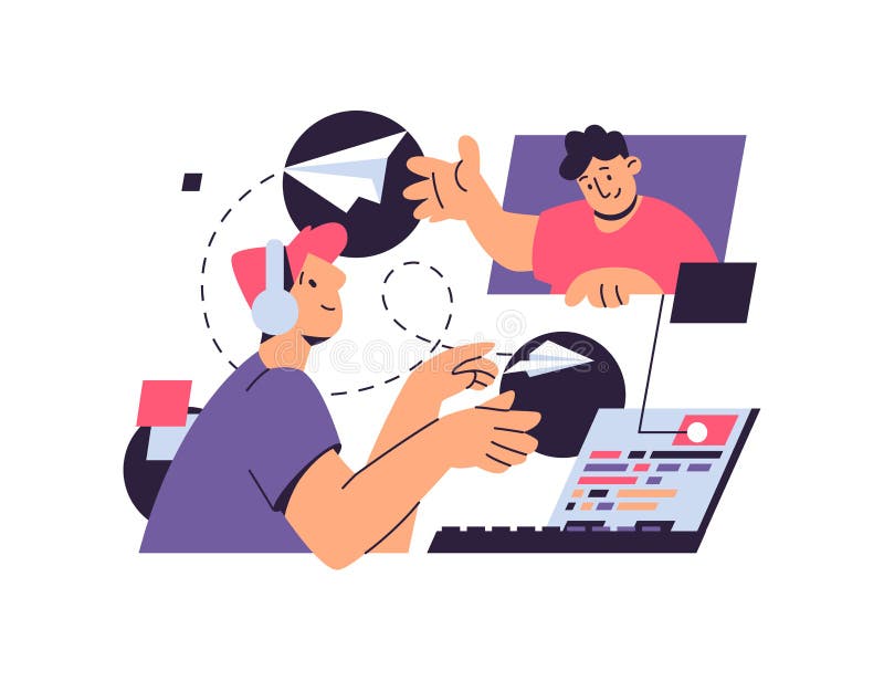 Teamwork, Distant Workers Cooperation, Video Talk Stock Vector ...