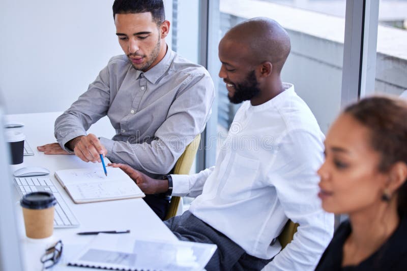 Teamwork, Diversity and People in Office with Notebook Sharing Idea ...