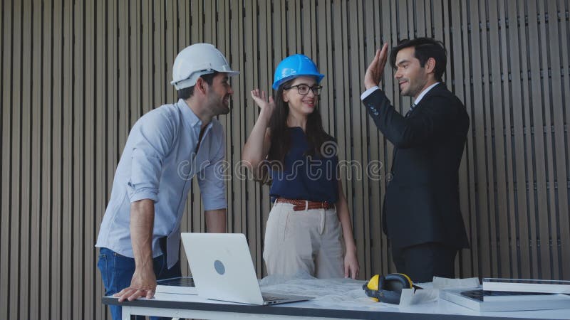 Teamwork Engineer with Successful of Project and Hi-five Hands Together ...
