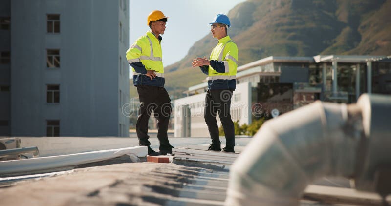 Teamwork, Engineering and Contractor with People on Rooftop for ...