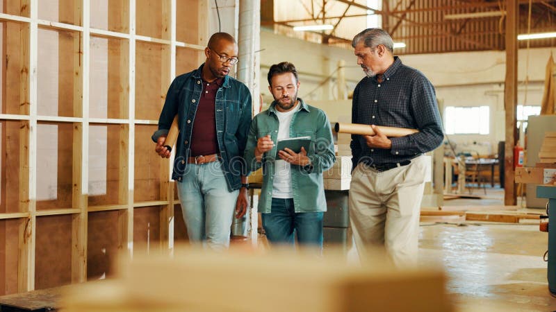 Teamwork, Engineering or People on Tablet in Woodwork Workshop for ...