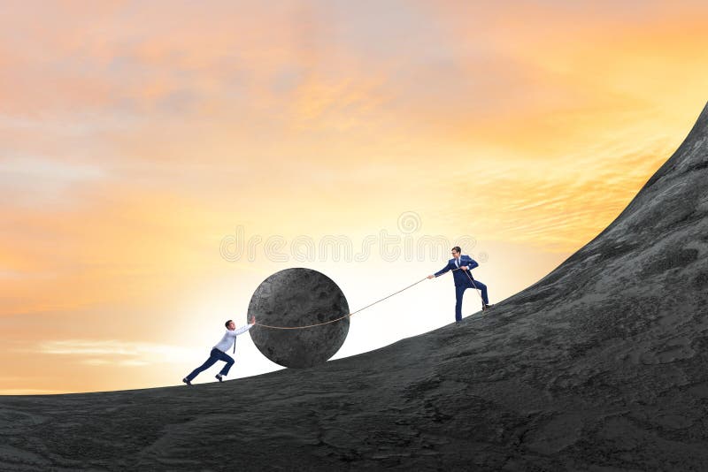 Teamwork Example with Business People Pushing Stone To Top Stock Image ...