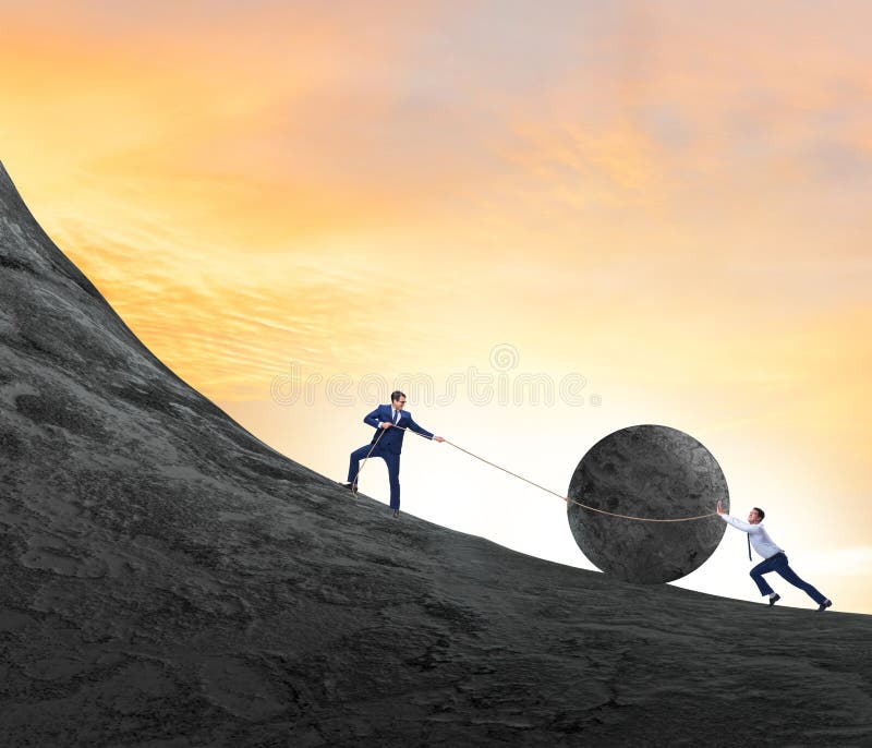 Teamwork Example with Business People Pushing Stone To Top Stock Image ...