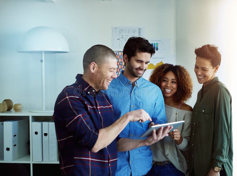 Teamwork, Feedback and Business People with Tablet in Office for Advice ...