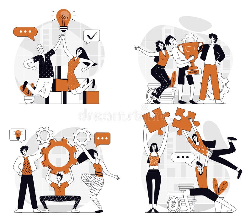 Teamwork Flat Concepts stock illustration. Illustration of solution - 365157801
