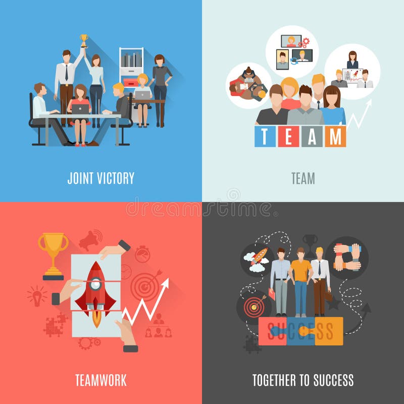 Teamwork 4 Flat Icons Square Composition Stock Vector - Illustration of ...