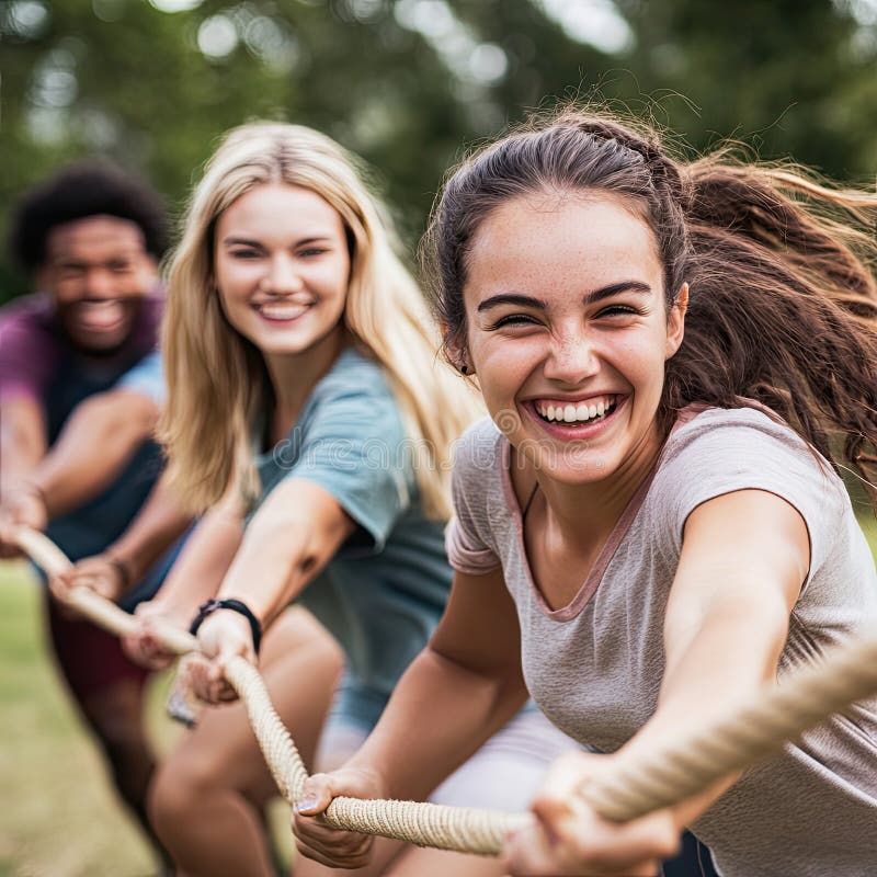 Teamwork, Friends Pulling Rope, Outdoor Game Stock Illustration ...