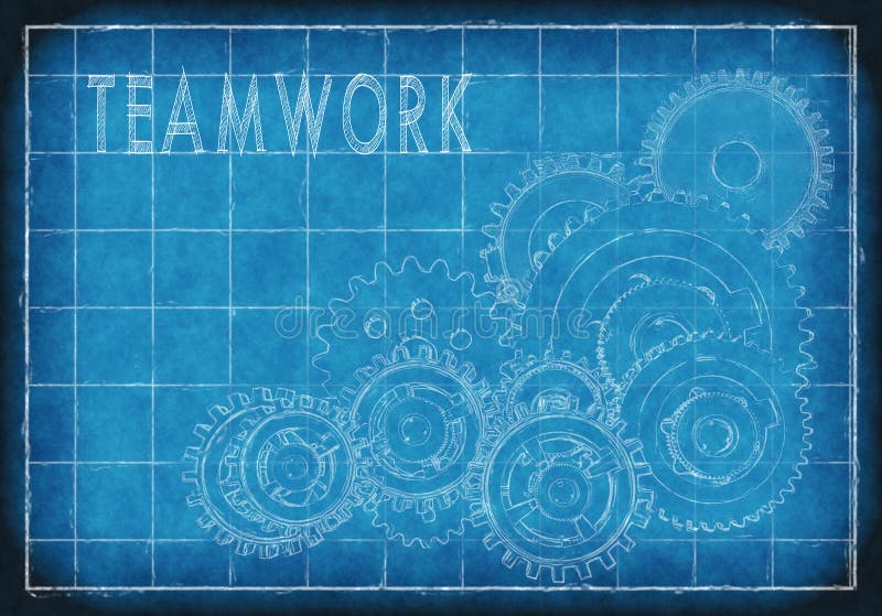 Teamwork Gears on Blueprint Page Background Stock Illustration ...