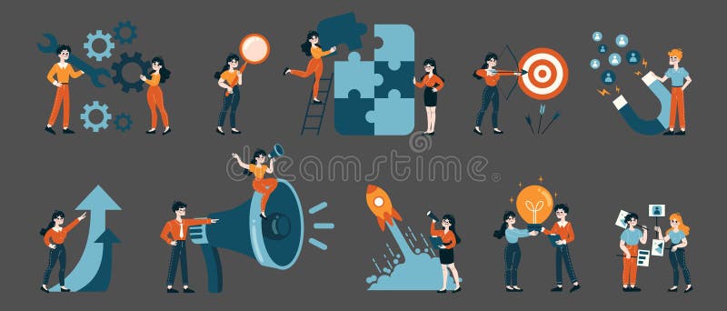 Teamwork and Goal Setting Set Stock Vector - Illustration of launch ...